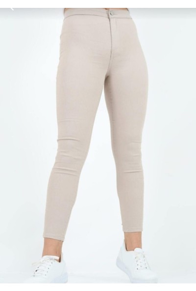 HMZ Kadın Dar Paça Likralı Keten Bej Okul Pantolonu
