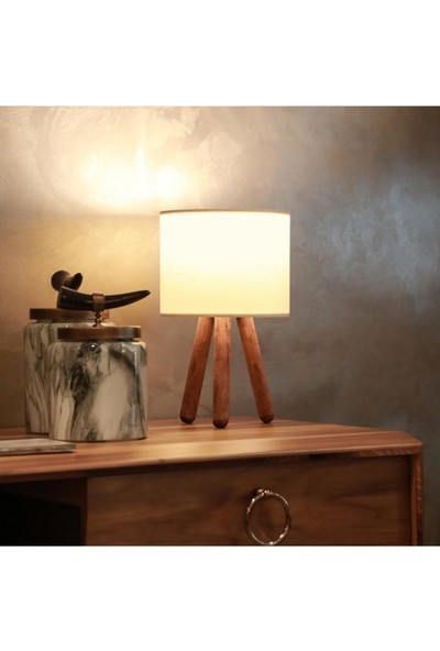 Art&gift Tasarım Ahşap Silindir Başlıklı Bej Kumaş Abajur AYD-2940