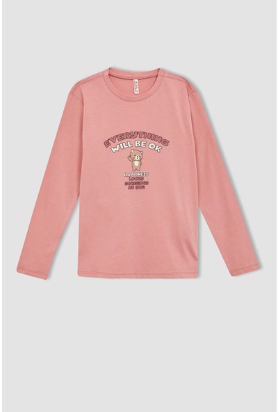 DeFacto Kız Çocuk Ayıcık Baskılı Uzun Kollu Pamuklu Tişört W6711A622SP