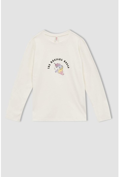 DeFacto Kız Çocuk Unicorn Baskılı Uzun Kollu Pamuklu Tişört W6711A622SP