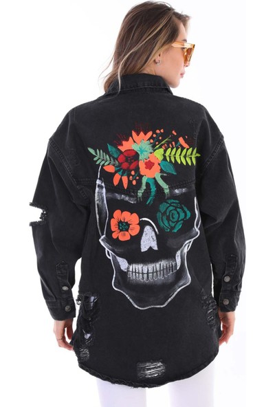 PodiumStar Kadın Kurukafa Özel El Boyama Baskılı Oversize Jean Yırtık Detaylı Uzun Kot Ceket