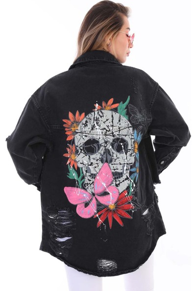 PodiumStar Kadın Siyah Kelebekli Kurukafa Özel El Boyama Baskılı Oversize Jean Yırtık Detaylı Uzun Kot Ceket