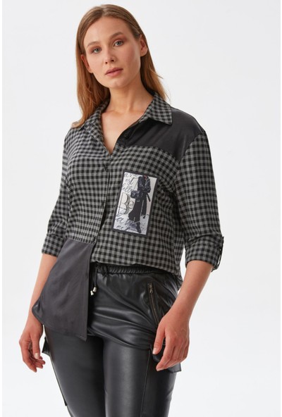 Ghada Siyah Deri Garnili Ekose Gömlek