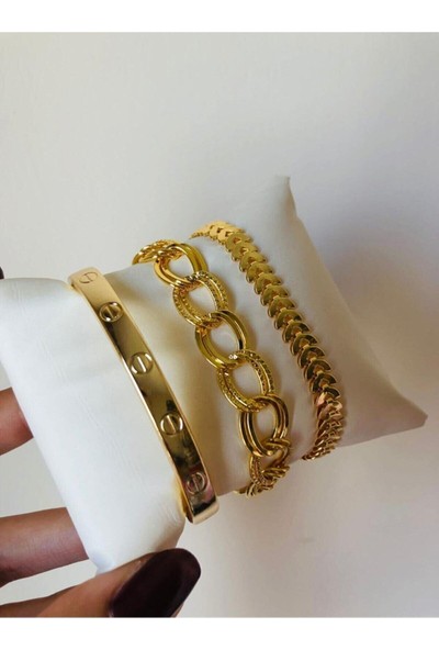 Bers Aksesuar Kadın Üçlü Kombin Vip Bileklik Gold