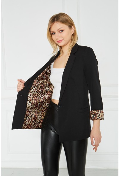 Seda Fidan Butik Leopar Astarlı Blazer Ceket Siyah Seda Fidan Butik Leopar Astarlı Blazer Ceket Siyah