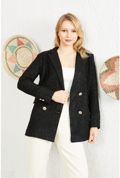 Seda Fidan Butik Simli Tuvid Blazer Ceket Siyah Seda Fidan Butik Simli Tuvid Blazer Ceket Siyah