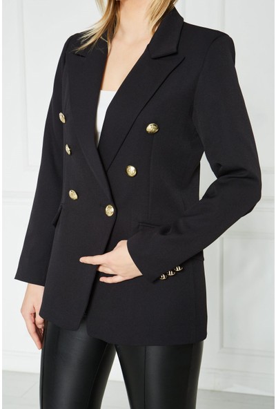 Seda Fidan Butik Gold Düğmeli Blazer Ceket Siyah Seda Fidan Butik Gold Düğmeli Blazer Ceket Siyah