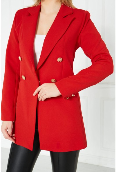 Seda Fidan Butik Uzun Gold Düğmeli Blazer Ceket Kırmızı