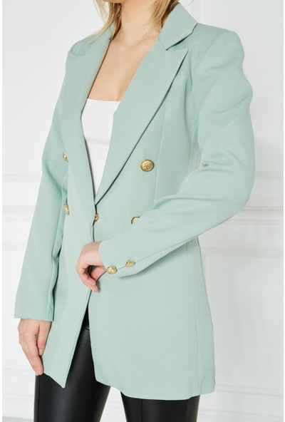 Seda Fidan Butik Uzun Gold Düğmeli Blazer Ceket Mint Seda Fidan Butik Uzun Gold Düğmeli Blazer Ceket Mint