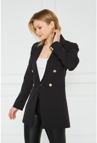 Seda Fidan Butik Uzun Gold Düğmeli Blazer Ceket Siyah Seda Fidan Butik Uzun Gold Düğmeli Blazer Ceket Siyah