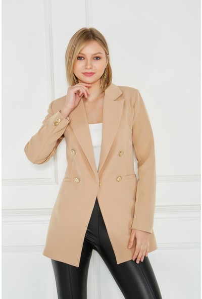 Seda Fidan Butik Uzun Gold Düğmeli Blazer Ceket Vizon Seda Fidan Butik Uzun Gold Düğmeli Blazer Ceket Vizon