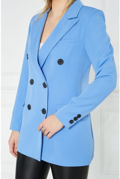 Seda Fidan Butik Atlas Kruvaze Blazer Ceket Mavi Seda Fidan Butik Atlas Kruvaze Blazer Ceket Mavi