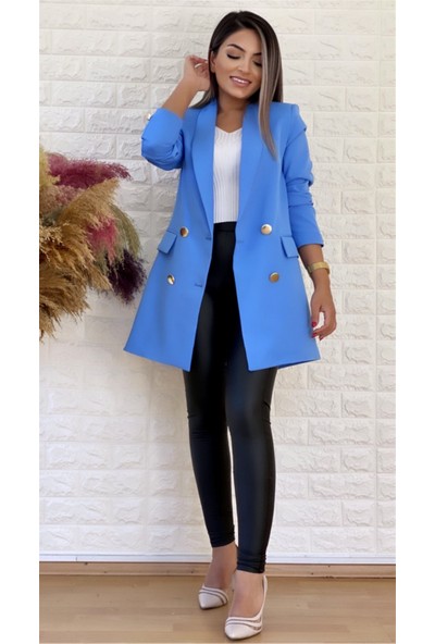 Seda Fidan Butik Uzun Kruvaze Gold Blazer Ceket Mavi