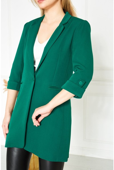 Seda Fidan Butik Kol Düğmeli Uzun Blazer Ceket Zümrüt Yeşil Seda Fidan Butik Kol Düğmeli Uzun Blazer Ceket Zümrüt Yeşil