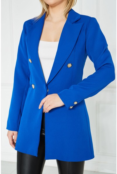 Seda Fidan Butik Uzun Gold Düğmeli Blazer Ceket Koyu Saks Mavi