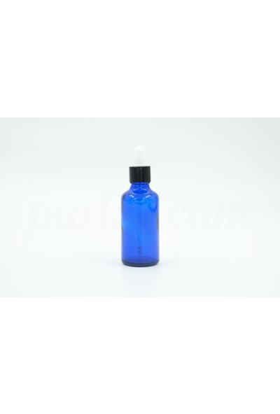 Parlak Cam Damlalıklı Mavi Renk Cam Şişe Siyah Başlıklı 50ml