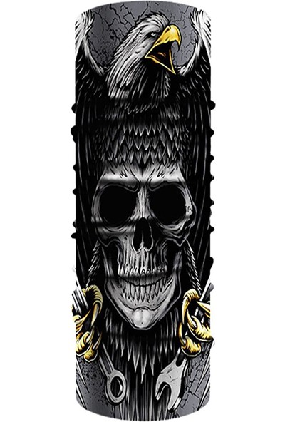 Alanç Buff Çok Amaçlı Bandana Boyunluk Siyah Zemin Üzerine Kartal ve Kurukafa Desenli