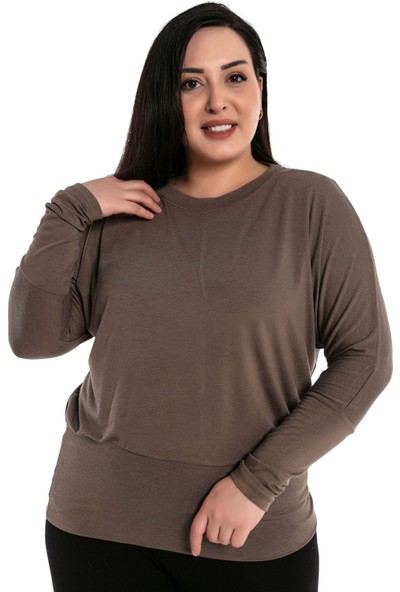 Disentis Modest Büyük Beden Yuvarlak Yaka Yarasa Kollu Eteği Geniş Bantlı Vizon Bluz Disentis Modest Büyük Beden Yuvarlak Yaka Yarasa Kollu Eteği Geniş Bantlı Vizon Bluz