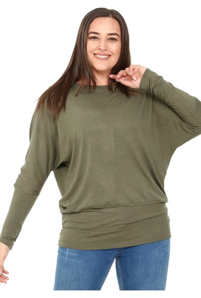 Disentis Modest Büyük Beden Yuvarlak Yaka Yarasa Kollu Eteği Geniş Bantlı Haki Bluz