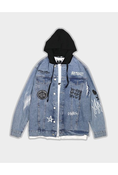 Bpm Kapsonlu Baskılı Kot Ceket Mavi