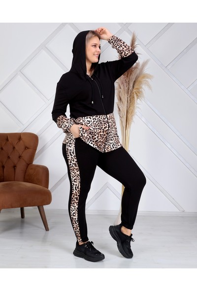 ModaSehle Kadın Siyah Büyük Beden Kapüşonlu Fermuarlı Leoparlı Eşofman Takım ModaSehle Kadın Siyah Büyük Beden Kapüşonlu Fermuarlı Leoparlı Eşofman Takım