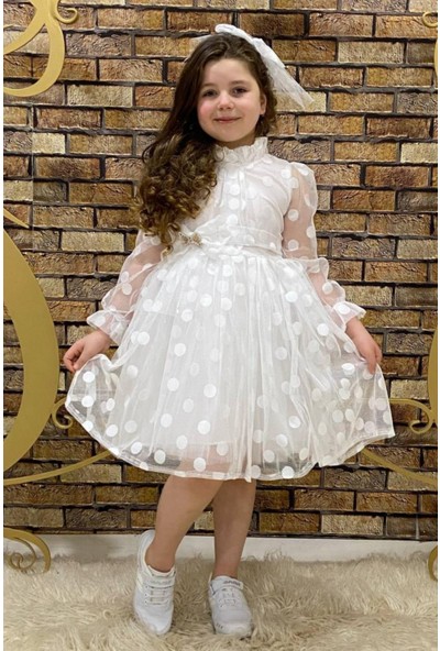 Riccotarz Kız Çocuk Yakası Fırfırlı Transparan Detaylı Puantiyeli Beyaz Elbise