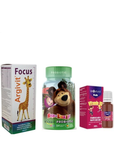 Argivit Focus Şurup 150 ml + Probiyotik Takviyesi 32 Çiğneme T. + Kids D3 Vitamini 20 ml Argivit Focus Şurup 150 ml + Probiyotik Takviyesi 32 Çiğneme T. + Kids D3 Vitamini 20 ml