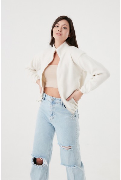 FullaModa Fermuarlı Dik Yaka Polar Sweatshirt FullaModa Fermuarlı Dik Yaka Polar Sweatshirt