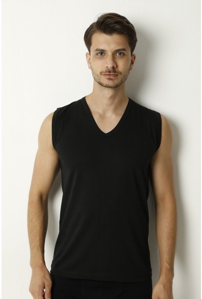 Assaran Erkek 0-Kol V-Yaka Siyah Atlet %100 Pamuk