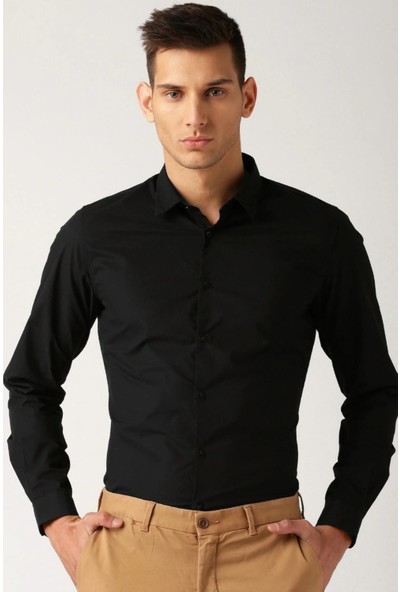 Alenmeza Erkek Siyah Pamuk Polyester Casual Cepsiz Modern Fit Gömlek Alenmeza Erkek Siyah Pamuk Polyester Casual Cepsiz Modern Fit Gömlek