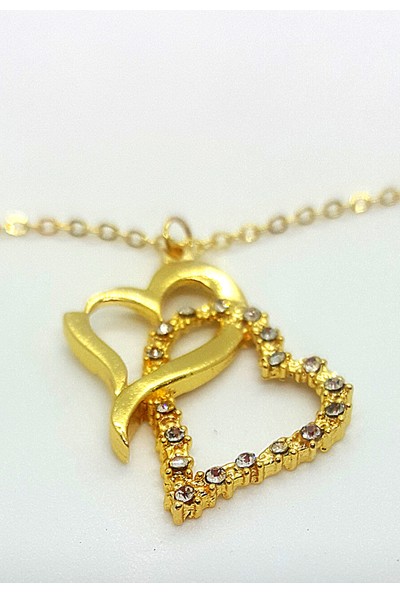 Kardeş Ticaret Çift Kalpli Taş Işlemeli Altın Rengi Kolye - 30
