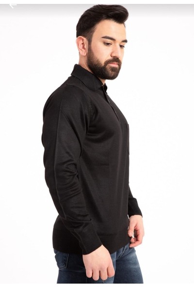 HMZ Erkek Siyah Ince Triko Polo Yaka Kazak