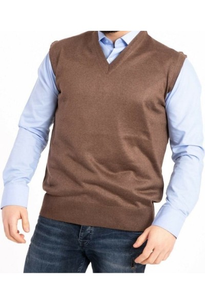 HMZ Erkek V Yaka Ince Kahverengi Triko Süveter