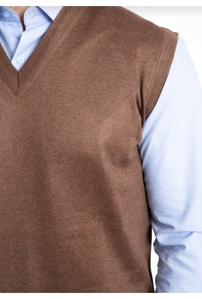 HMZ Erkek V Yaka Ince Kahverengi Triko Süveter