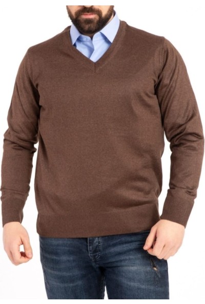 HMZ Erkek Kahverengi V Yaka Ince Triko Kazak