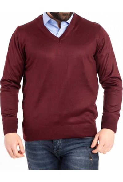 HMZ Erkek Bordo V Yaka Ince Triko Kazak