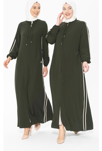 Fermuarlı Şeritli Haki Ferace 3095