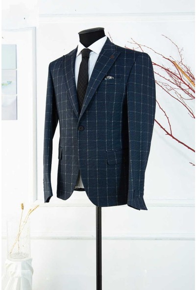 Mhz 4252 Lacivert Sarı Kareli 6 Drop Tek Ceket