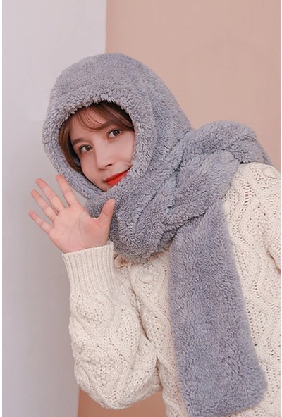 Bundera Scarf Kapşonlu Kadın Peluş Bere Atkı Kadın Welsoft Polar Boyunluk Şalı Rüzgar Geçirmez Şapka