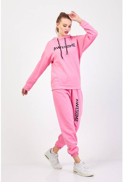 Moda Kargül Kadın Kapüşonlu Baskılı Uzun Kollu Eşofman Takımı -Pembe Moda Kargül Kadın Kapüşonlu Baskılı Uzun Kollu Eşofman Takımı -Pembe