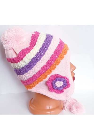 Magrib Çiçekli Ponponlu Içi Polarlı Örme Çocuk Bere