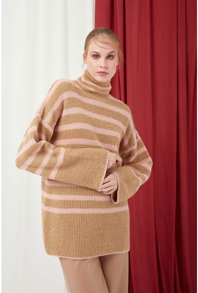 Mizalle Balıkçı Yaka Pudra Çizgili Salaş Kazak