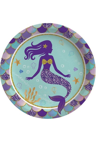 Balonevi Pırıltılı Deniz Kızı 8 Adet Kağıt Tabak 23 cm