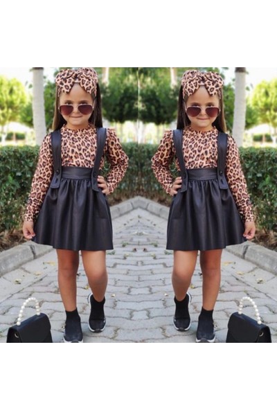 Eliz Kids Kız Çocuk Leopar Badi Slopet ve Toka Set