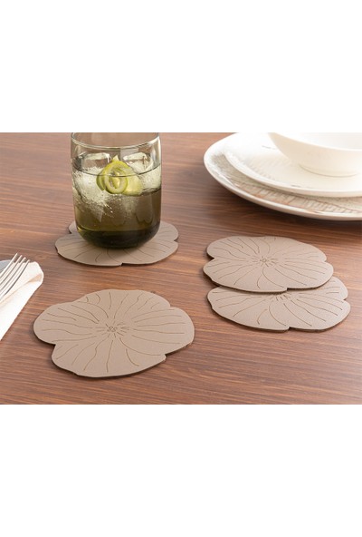 English Home Flowery Suni Deri 4'lü Bardak Altlığı 11 cm Vizon English Home Flowery Suni Deri 4'lü Bardak Altlığı 11 cm Vizon