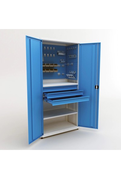İdeal Ekipman Metal Çekmeceli, Delikli Kapaklı, Raflı Bölmeli Malzeme Dolabı İdeal Ekipman Metal Çekmeceli, Delikli Kapaklı, Raflı Bölmeli Malzeme Dolabı