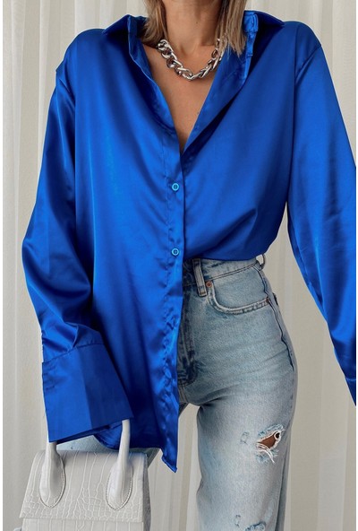 Madmext Mad Girls Mavi Saten Gömlek MG1307