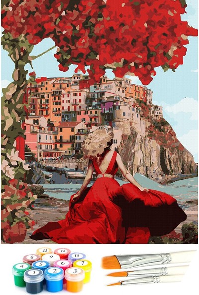 Carpuz Sayılarla Boyama Tablo Seti Kırmızı Kadın 40 x 50 cm Kasnaklı