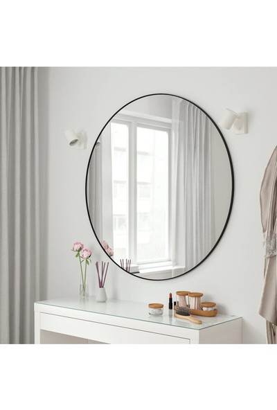 Meg dekoratif Siyah Alüminyum Çerçeveli Büyük Yuvarlak Ayna Lindbyn 80 cm Çap