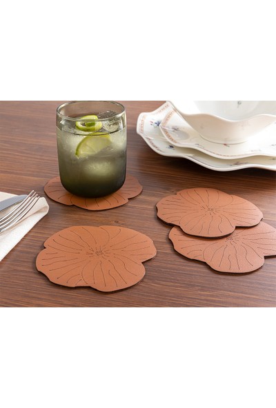 English Home Flowery Suni Deri 4'lü Bardak Altlığı 11 cm Taba